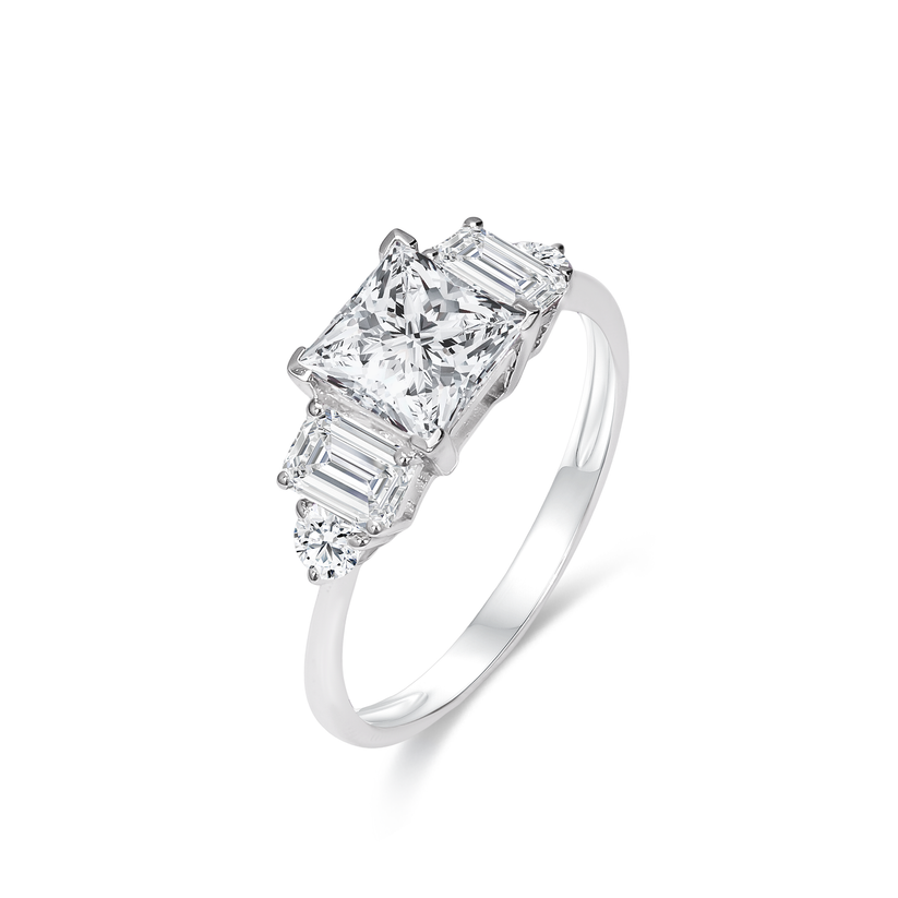 TDG 10K White Gold Princess & Emerald Cut Three-Stone Diamond Ring ...